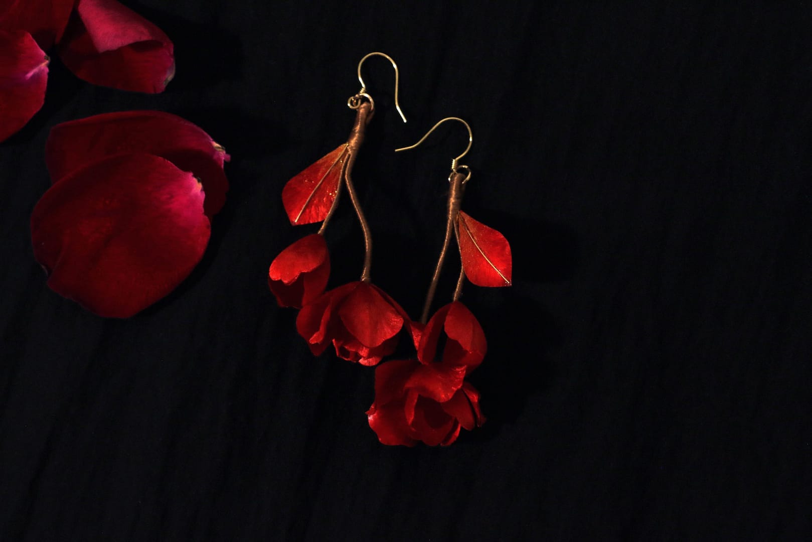 Vintage Handmade Red Rose Drop Earrings Silk Flower Jewelry - Tsolène ...
